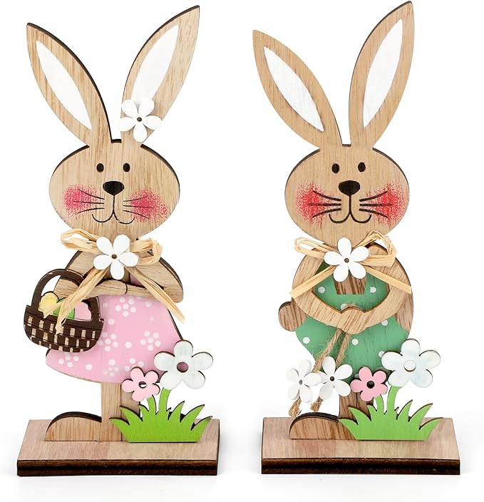 Amazon.com: 2 Pieces Wood Rabbit Decorations Sign Easter Stand Up Bunny ...