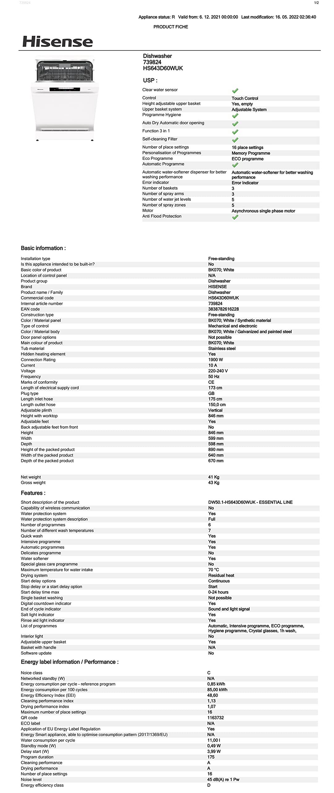 Hisense 16 Place Settings Freestanding Standard Dishwasher, White ...
