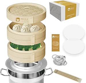 Amazon.com: 𝐁𝐄𝐋𝐋𝐀 𝐂𝐎𝐎𝐊𝐒 Bamboo Steamer 11-inch 2 Tier Dumpling Bamboo ...