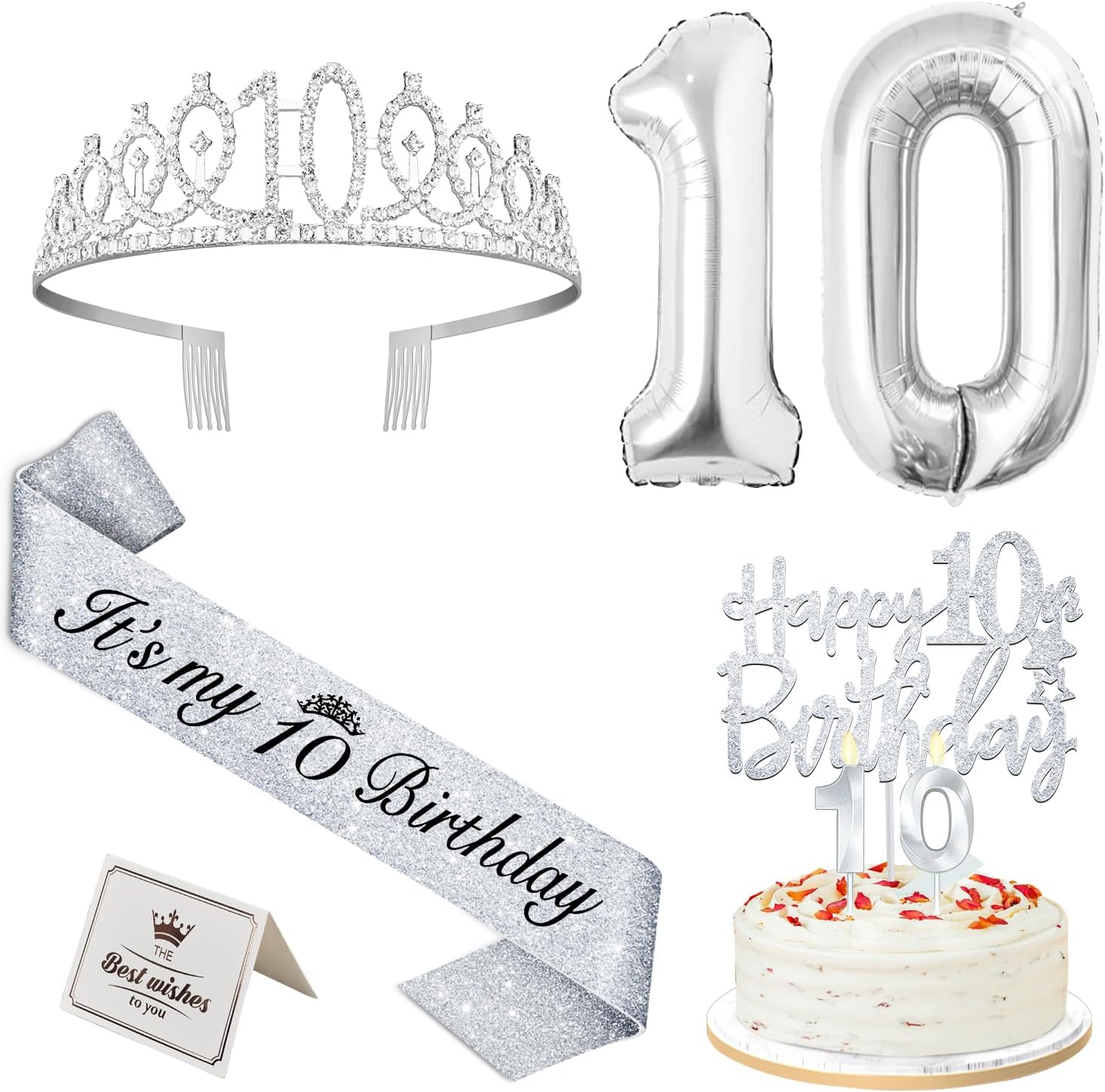 10th Birthday Decorations for Girl Silver with 10th Birthday Sash and ...