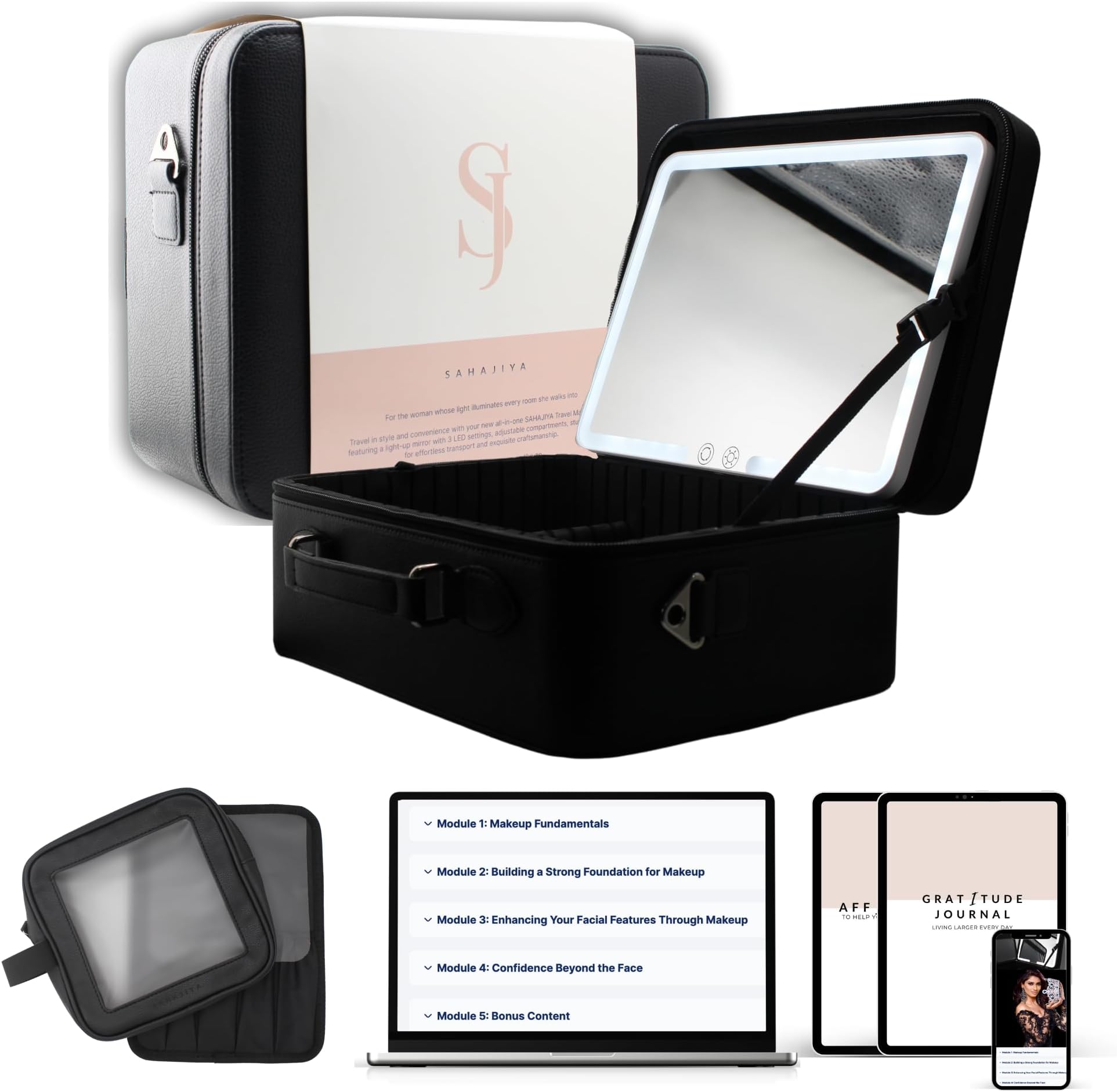 Amazon.com: JENNI V Upscale PU Leather Makeup Bag with Light Up Mirror ...