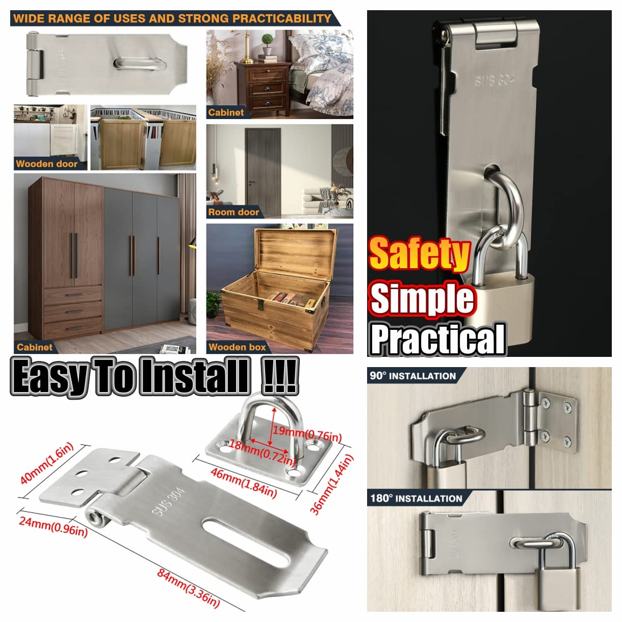 Snapklik.com : Hasp Lock,Door Hinge Lock Padlock,Black Clasp Latch ...