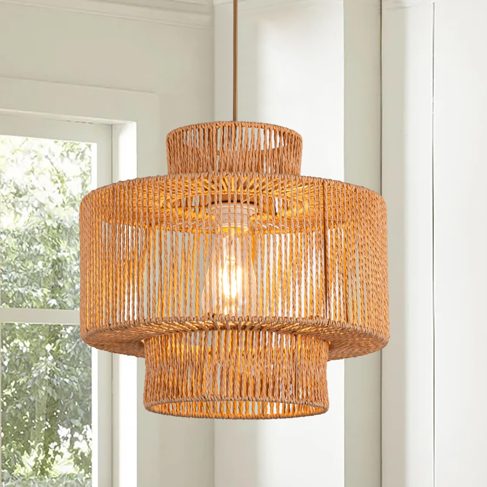 OCWHT Rattan Pendant Light Fixture Boho Hanging Light Woven Rattan ...