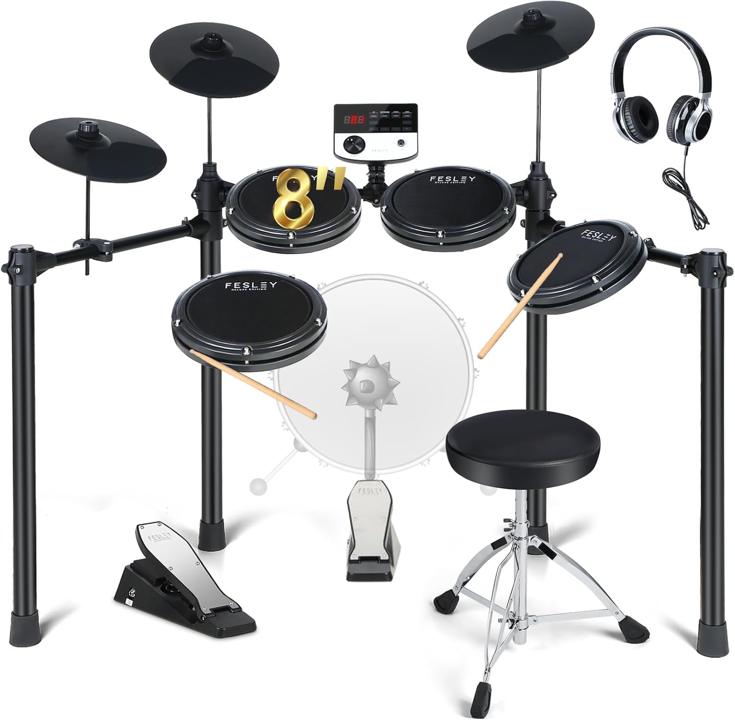 Fesley FED200 Electric Drum Set: 5 Drums 3 Cymbals with 4 Quiet Mesh ...