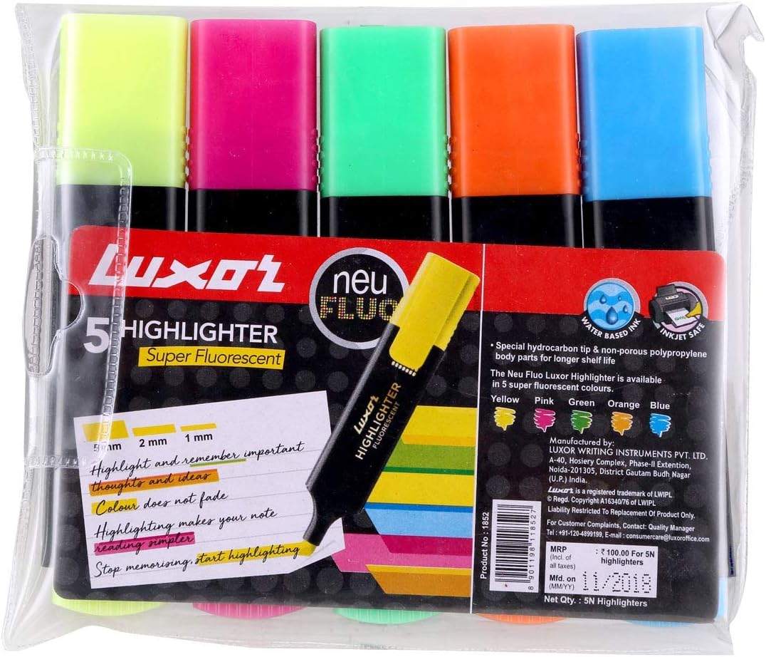 Luxor Highlighter Fluorescent | Assorted | Set of 5 | Versatile: School ...