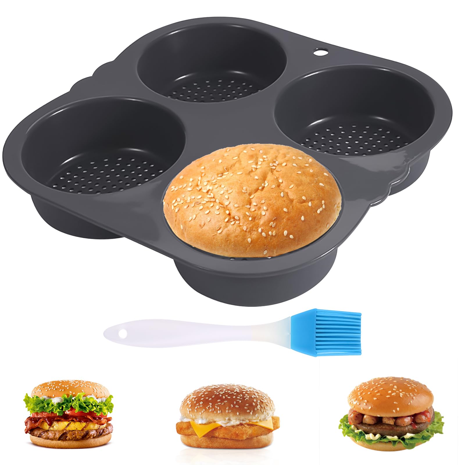 Les-Theresa 4/6 Cavities Silicone Hamburger Mould, Hamburger Bun Pan ...