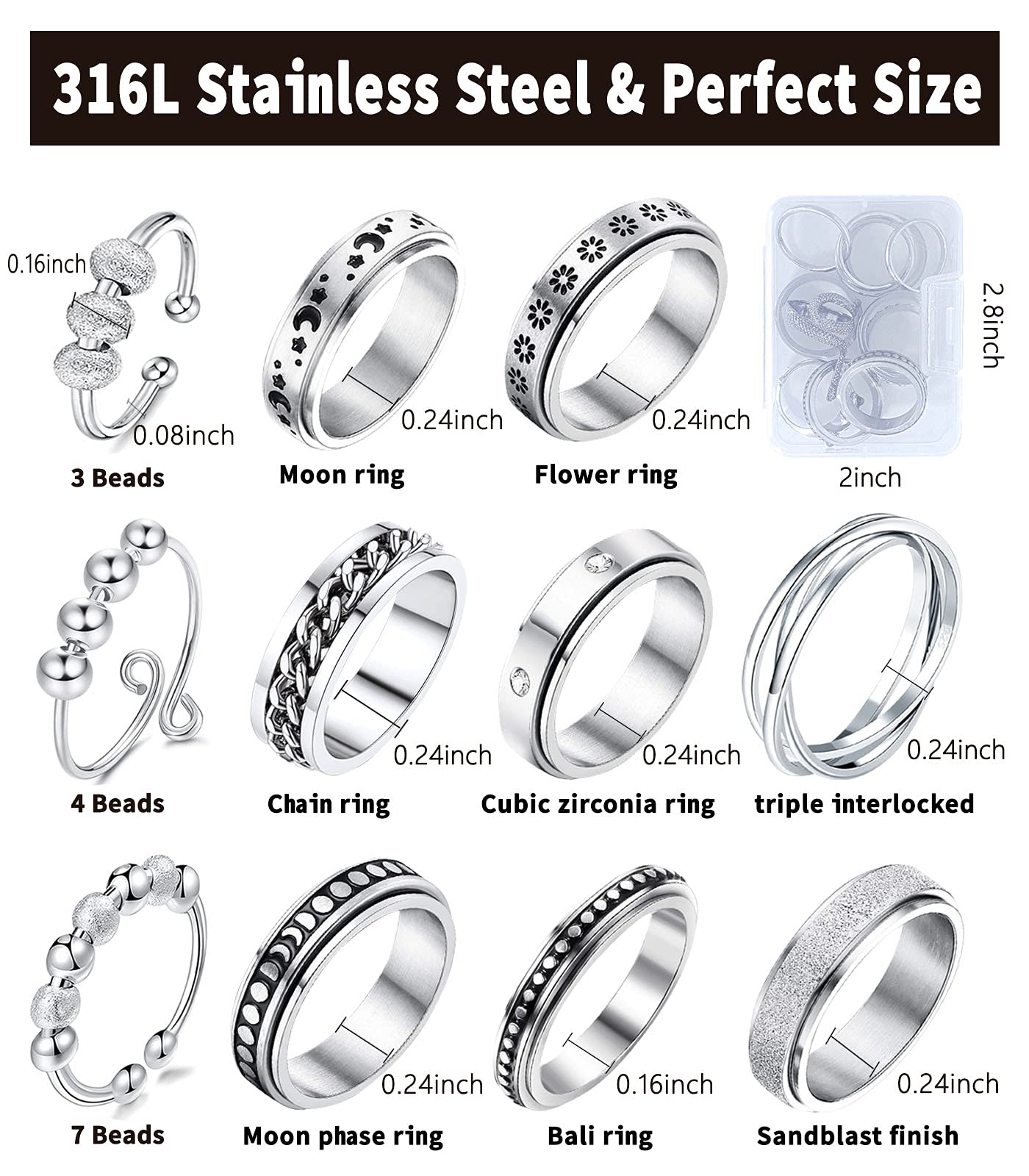 Snapklik.com : Fidget Rings For Anxiety 8pcs Stainless Steel Spinner ...