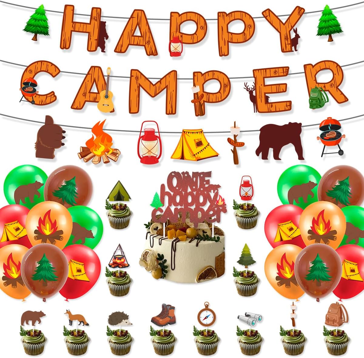 Amazon.com: 32PCS Happy Camper Party Decoration Kit, 16pcs Birthday ...