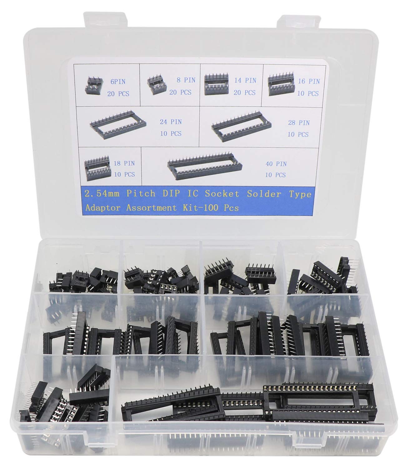 Amazon.com: 100Pcs 2.54mm Pitch Dual Row DIP IC Sockets Solder Type ...