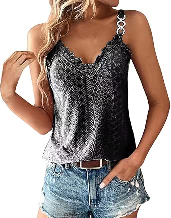 Amazon.com: Sexy Lace Trim Tank Tops for Women Summer Chain Spaghetti ...