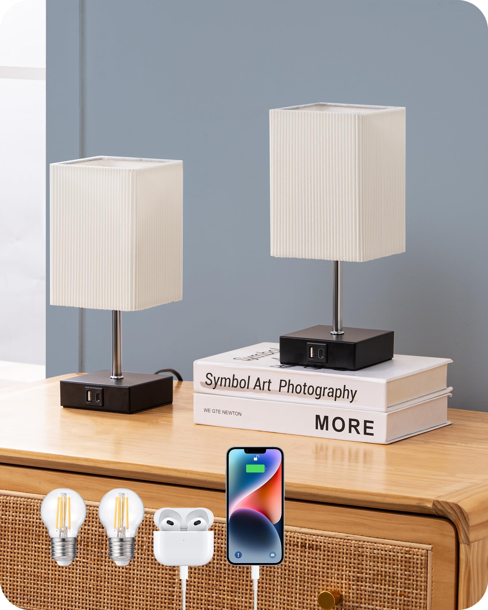 EDISHINE Lampe de Chevet Tactile Lot de 2, avec USB-A & USB-C Port de ...