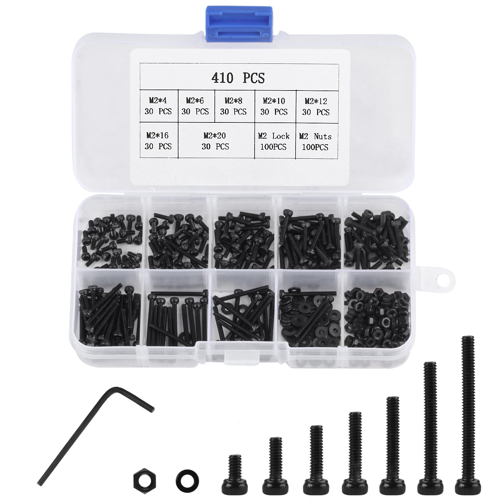 411 Pcs M2 Bolts and Nuts Set, Nuts and Bolts Set, Assorted Black Hex ...