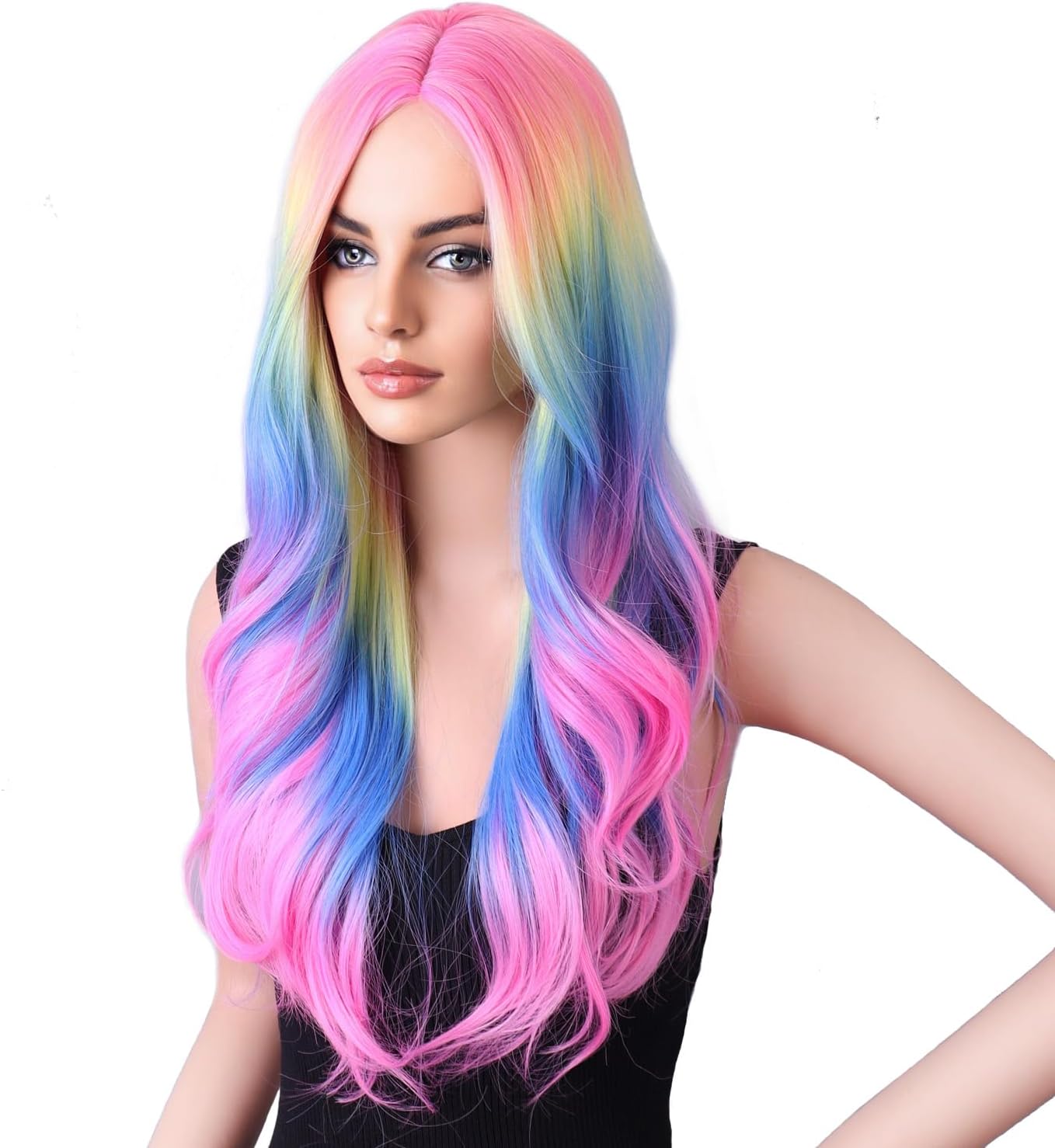 Amazon.com : BERON Rainbow Wig Long Wave Wig Colorful Wigs Long Wigs ...