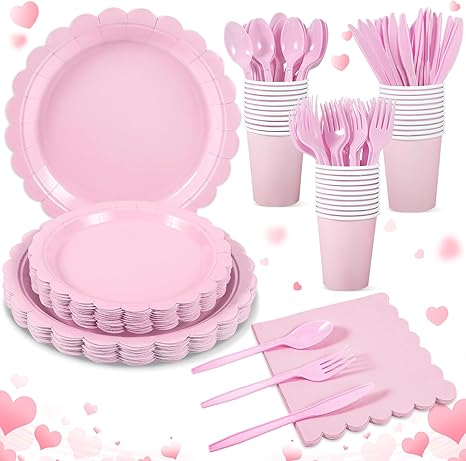 Amazon.com: Xiangqu 175 Pcs Pink Paper Plates and Napkins, Valentines ...