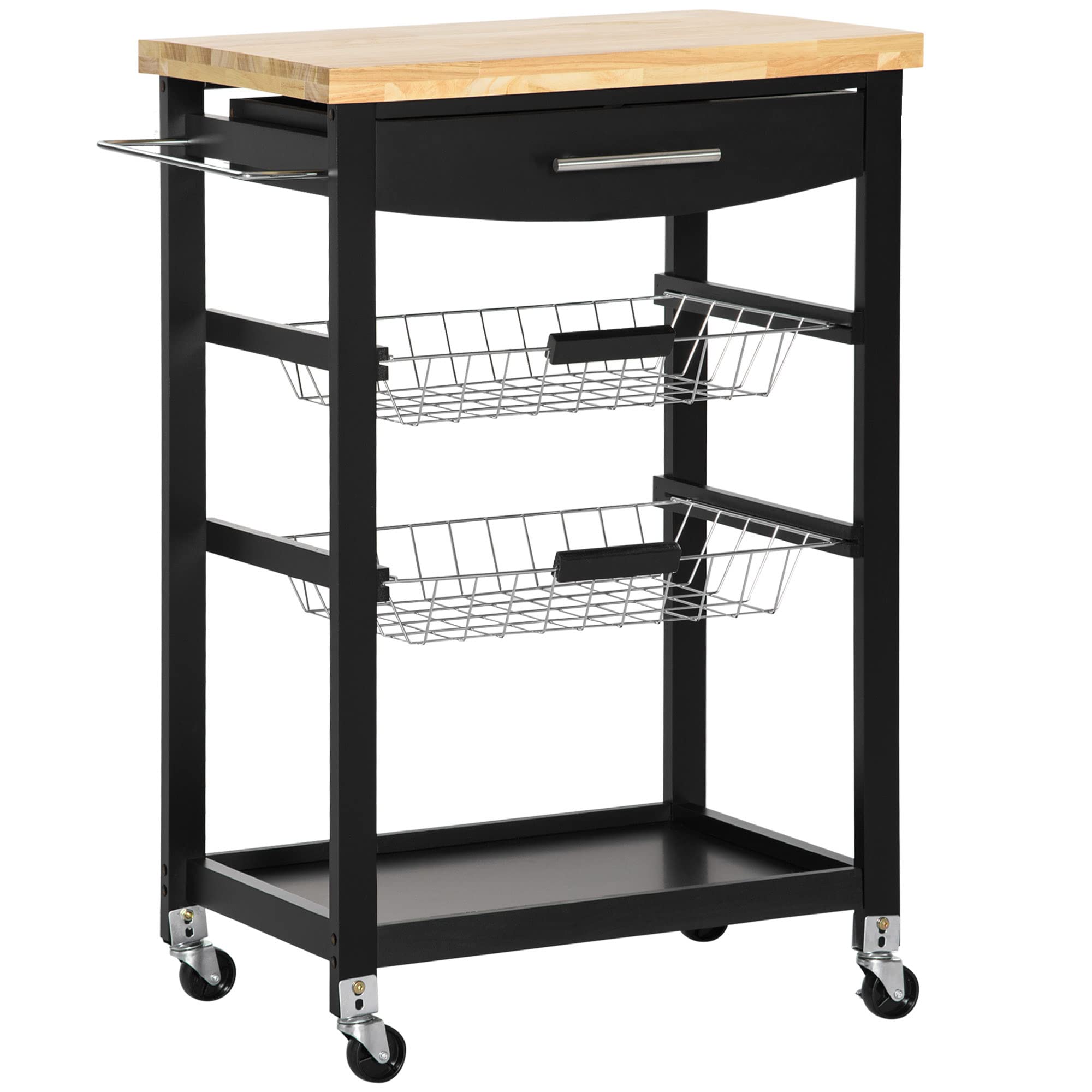 HOMCOM 3-Tier Utility Kitchen Cart with Handle Bar, Steel Basket ...