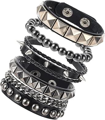 JIYIN Punk Leather Rock Studded Bracelets, 4 Pcs Punk Rock Leather ...