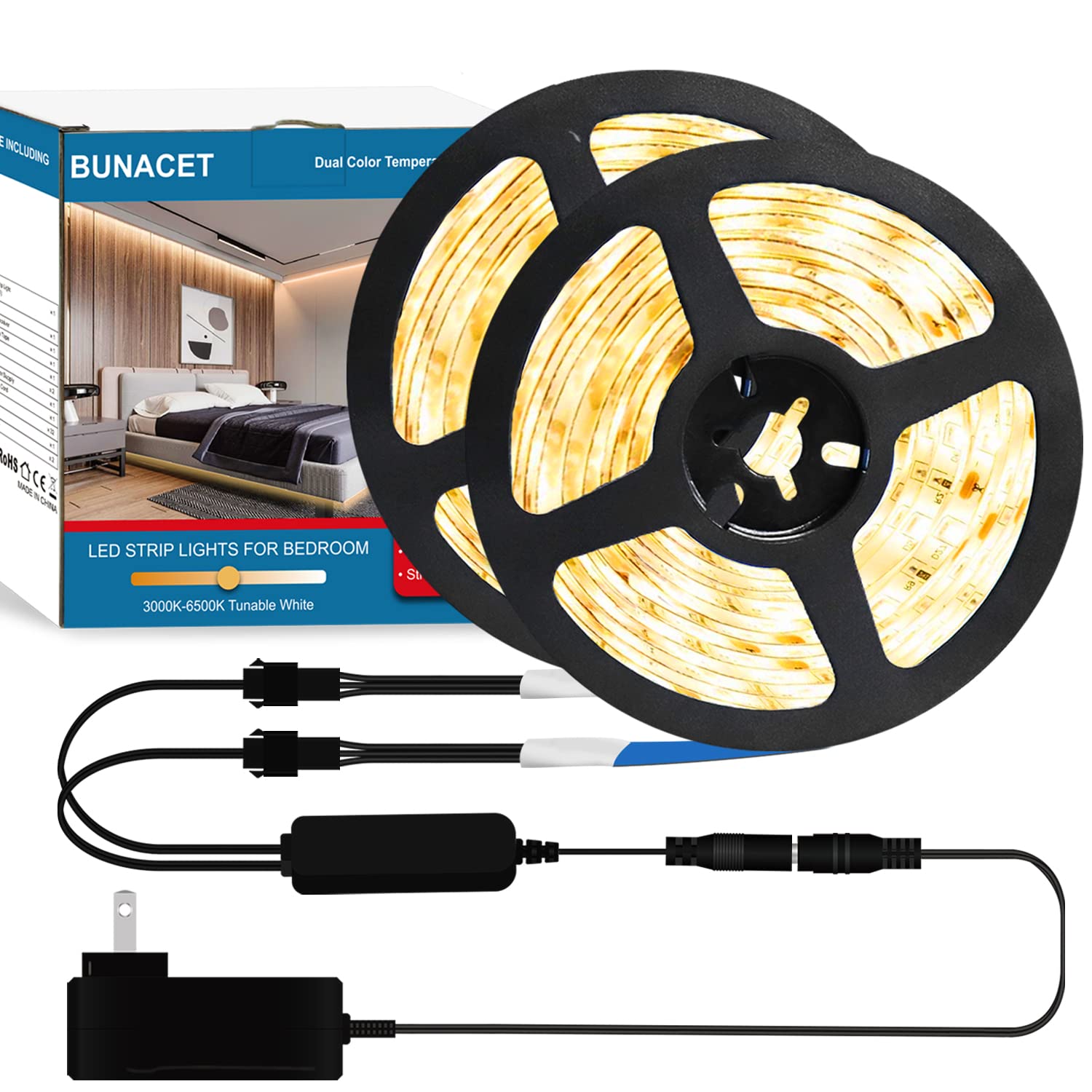 Buy BUNACET 12 Volt White LED Strip Light for Bedroom with Remote 52ft ...