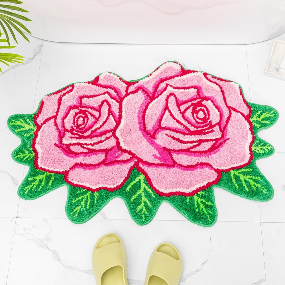 Amazon.com: Pink Rose Bathroom Rugs Cute Flower Shaped Bath Mat Green ...
