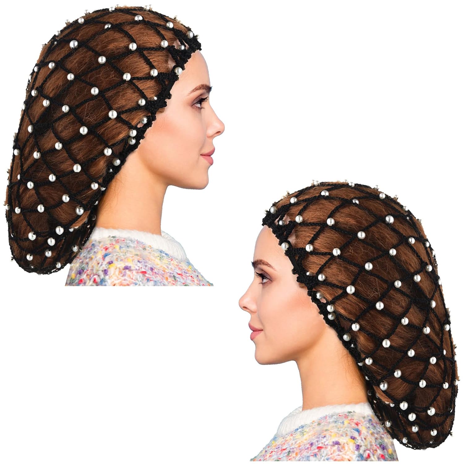 Amazon.com : MTLEE 2 Pcs Black Mesh Crochet Pearl Hair Snood Rayon Knit ...