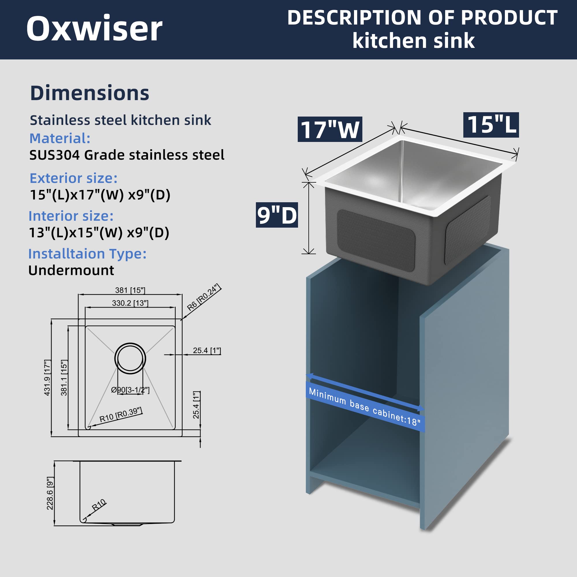 Snapklik.com : Bar Sink 15x17 Inch Undermount Wet Bar Prep Sink 16 ...