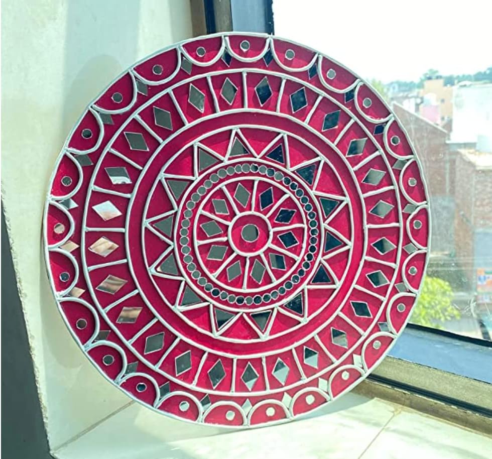 Buy Wood Chitra Artworks Mud & Mirror Crafts Wall Frame Round Mirror 31 ...