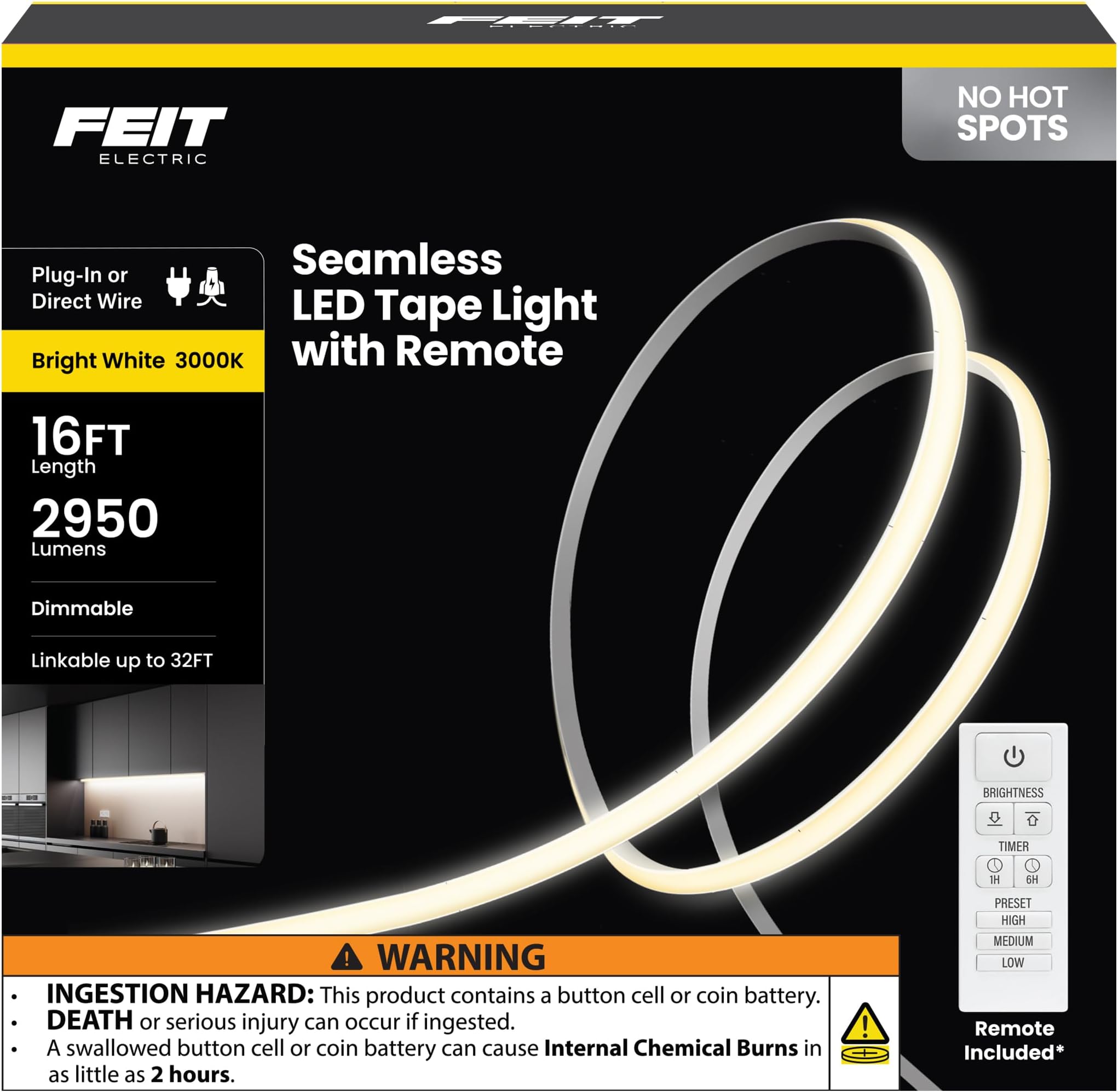 Amazon.com: Feit Electric 16ft LED Tape Light, Dimmable, Plug-in/Direct ...