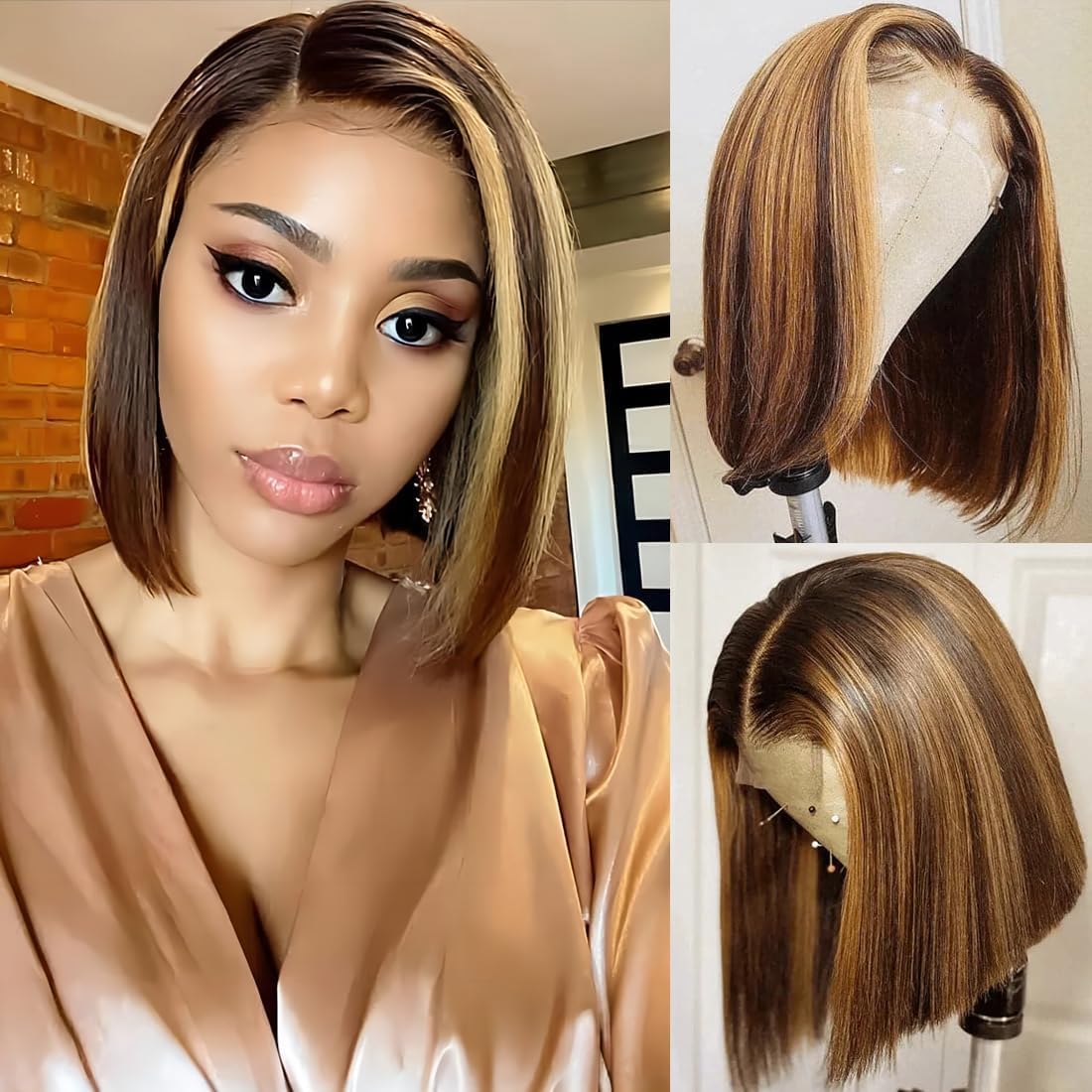 Amazon.com : Daikemei Highlight Short Bob Wigs Human Hair 13x4 HD Lace ...