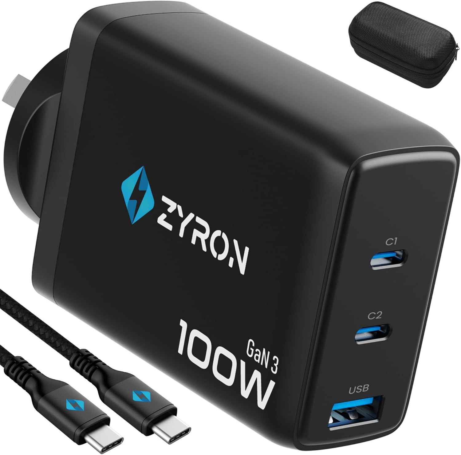 ZYRON 100W USB C Charger, GaN III Fast Charger Block with 3 Ports, PD 3.0 & 45W PPS, Compact ...