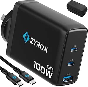 ZYRON 100W USB C Charger, GaN III Fast Charger Block with 3 Ports, PD 3.0 & 45W PPS, Compact ...