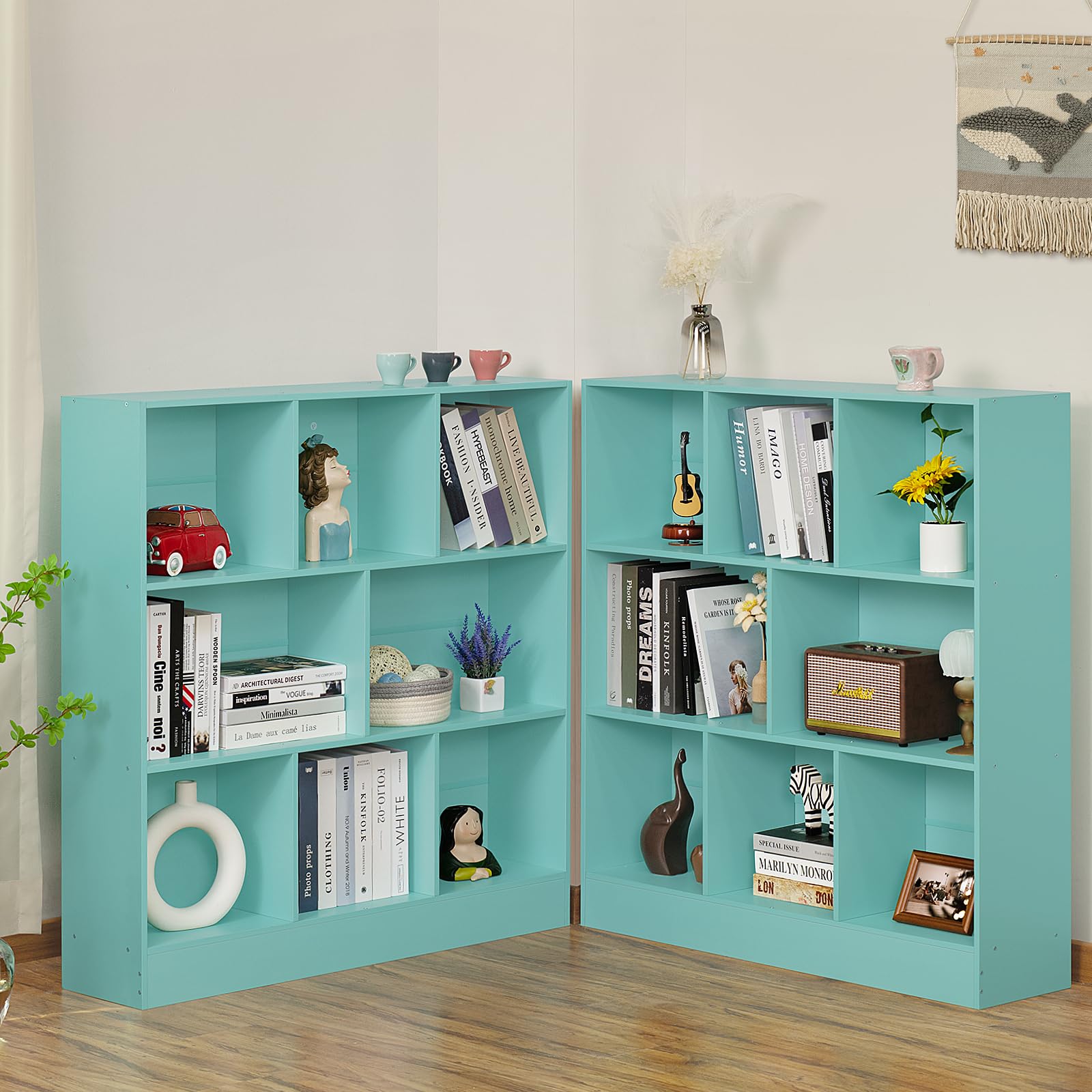 LEYAOYAO 8 Cube Bookshelf with Base,3 Tier Modern Mint-Green Kids ...