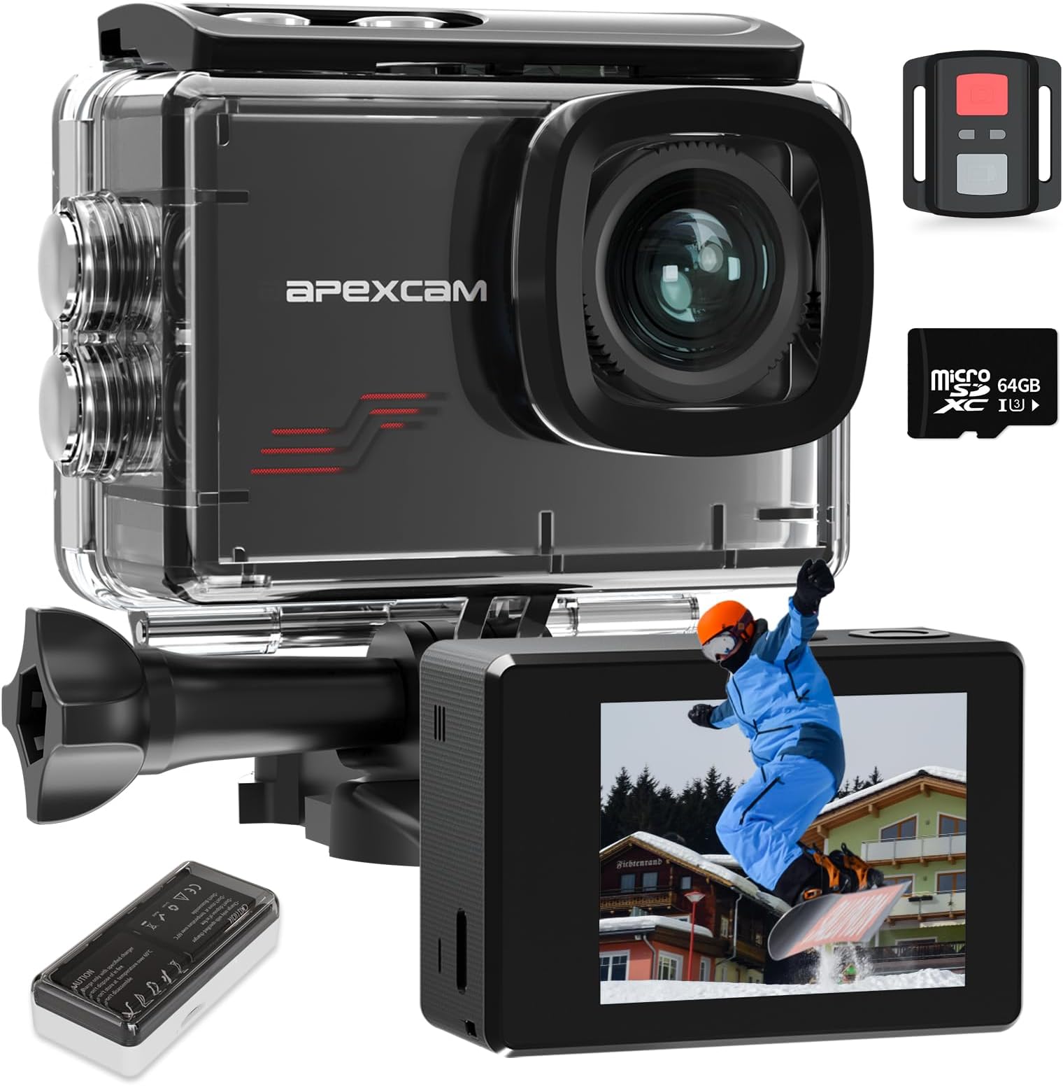 Apexcam M80 Action Cam with 64 GB Card 4 K 60 FPS 48 MP WiFi 40 m Ultra ...