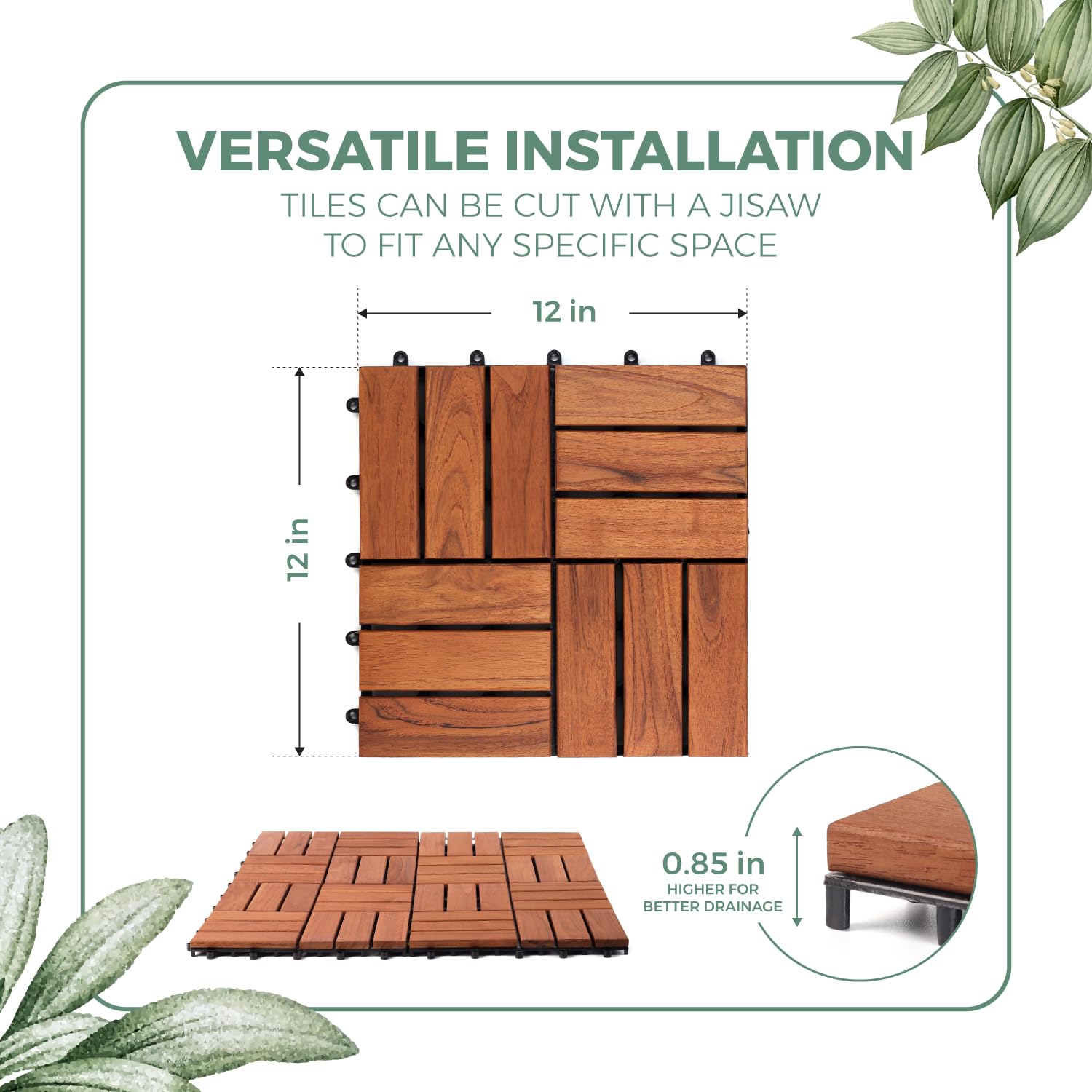 12x12 Acacia Wood Interlocking Patio Deck Tiles - Pack of 10, Natural ...