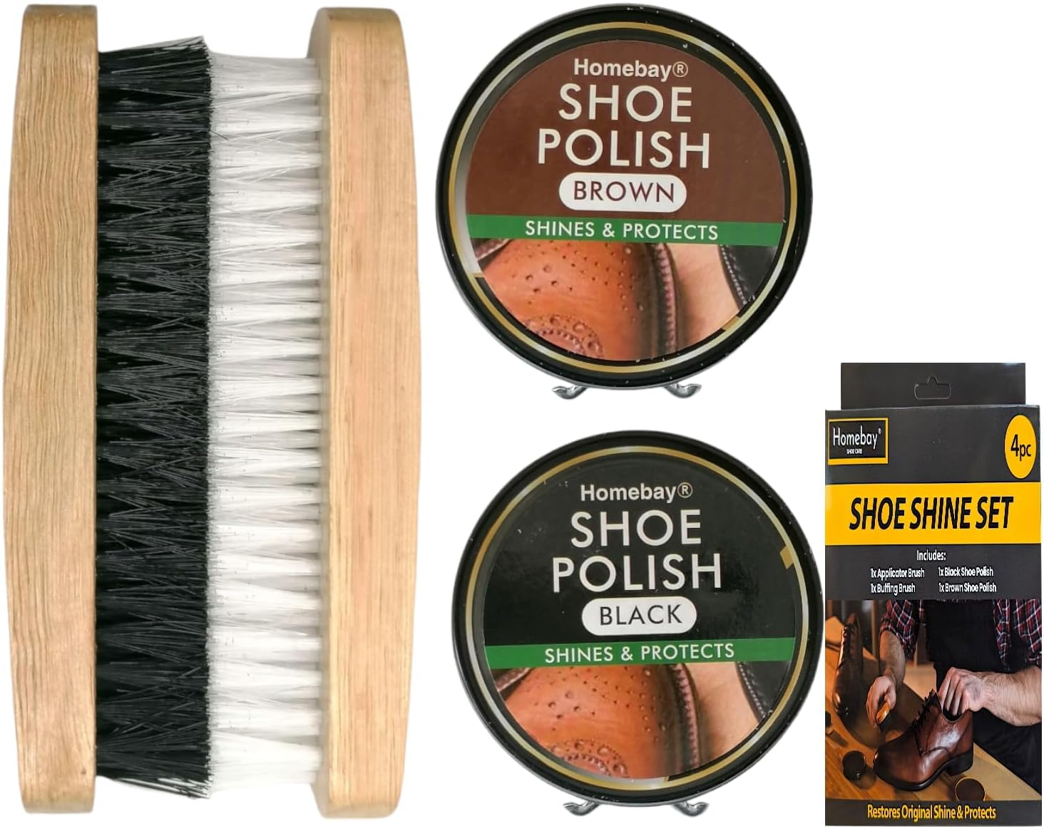 4pc Shoe Brush & Wax Polish Set (Black & Brown) | Traditional Leather ...