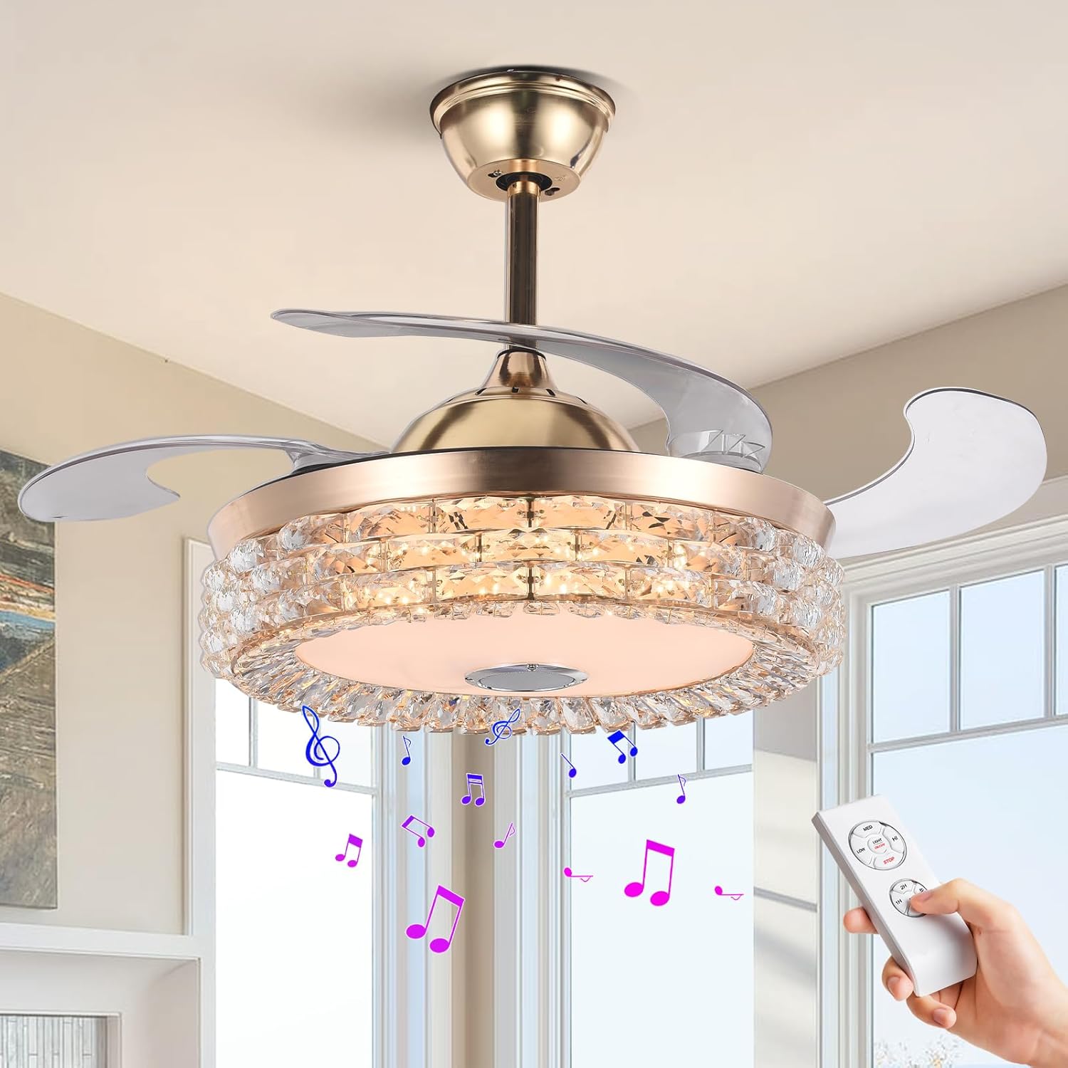 GMizon 42" Crystal Ceiling Fan with Lights, Modern Gold Retractable ...