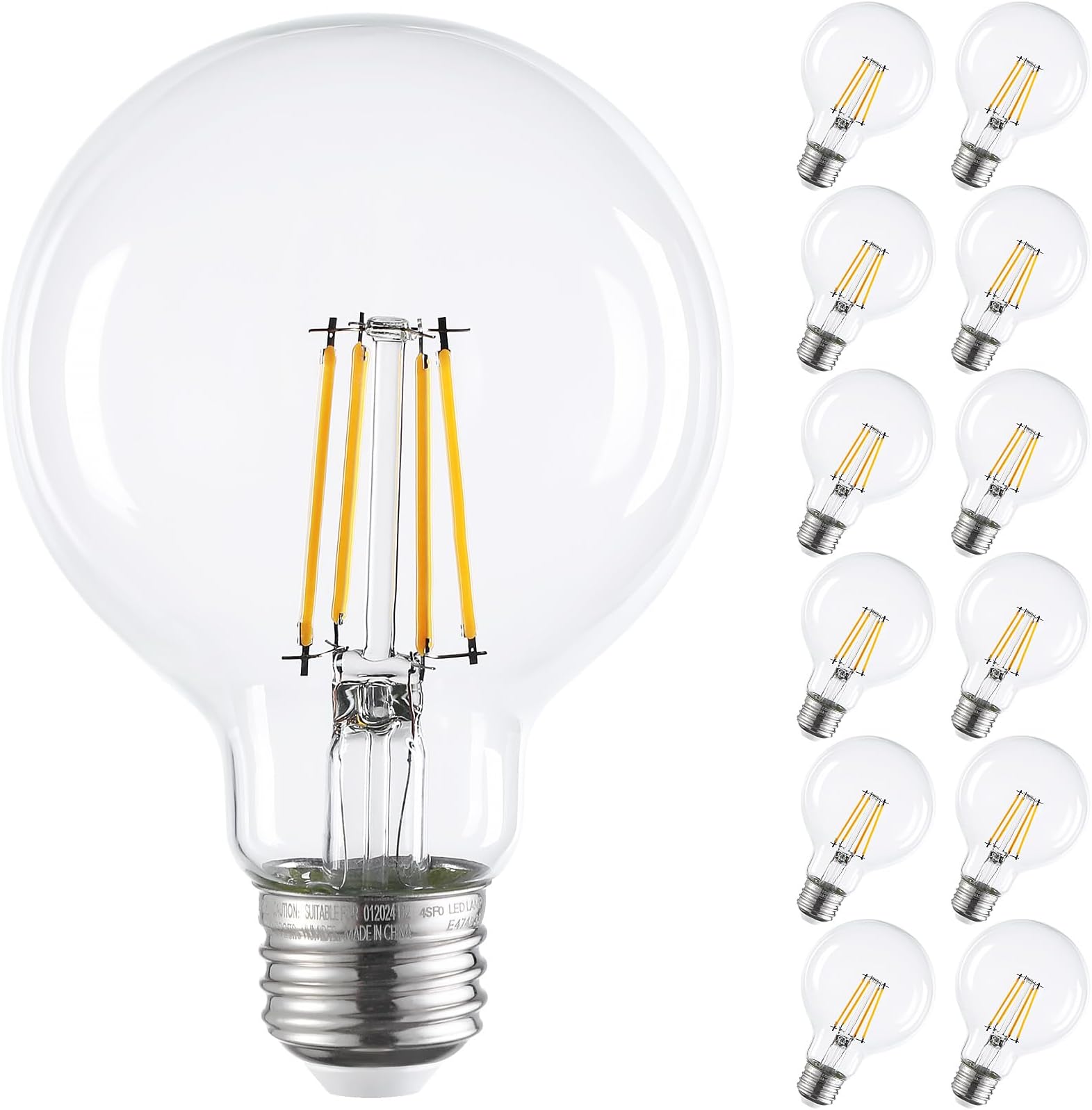 TORCHSTAR 12-pack G25 Globe Light Bulbs LED Dimmable, Round Clear ...