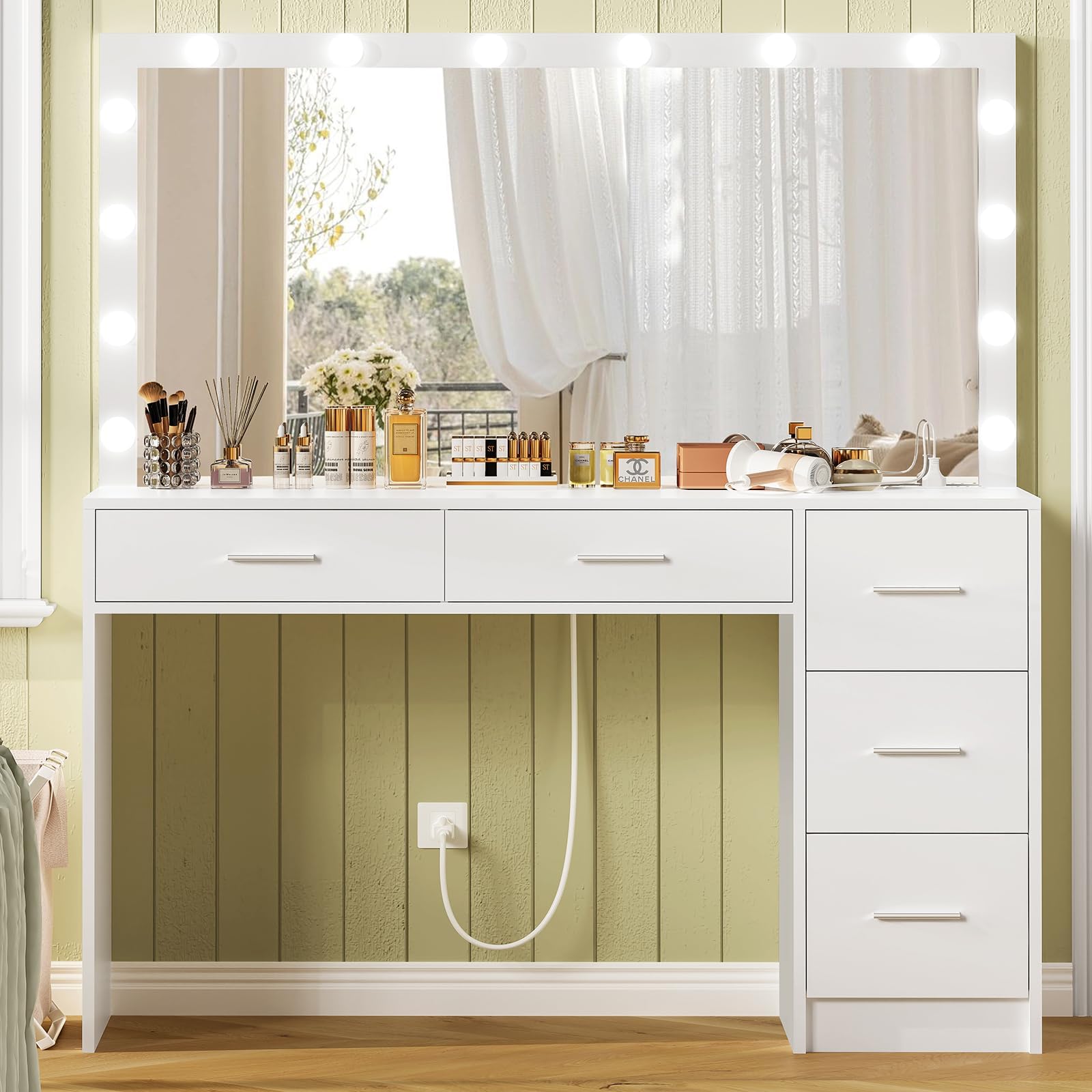 Amazon.com: YITAHOME Large Vanity Desk with Mirror & Light, 5 Drawer ...