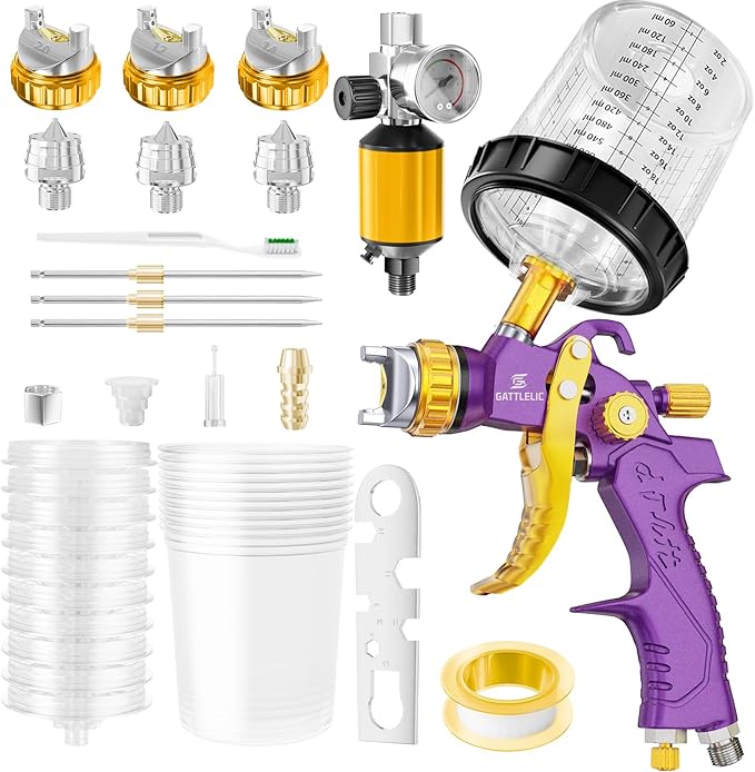 HVLP Air Spray Gun with 1.4/1.7/2mm Nozzles & Air Compressor Regulator ...