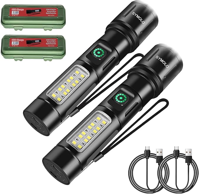 2 Pack Flashlight Rechargeable, 6 Modes COB & LED Torch Light 200000 ...