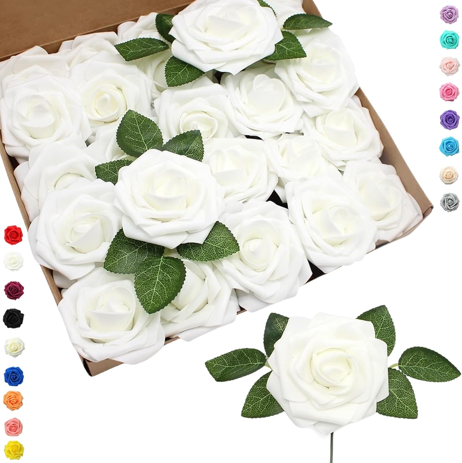 25pcs Faux White Roses Artificial Flowers Roses,Real Touch Foam Roses ...