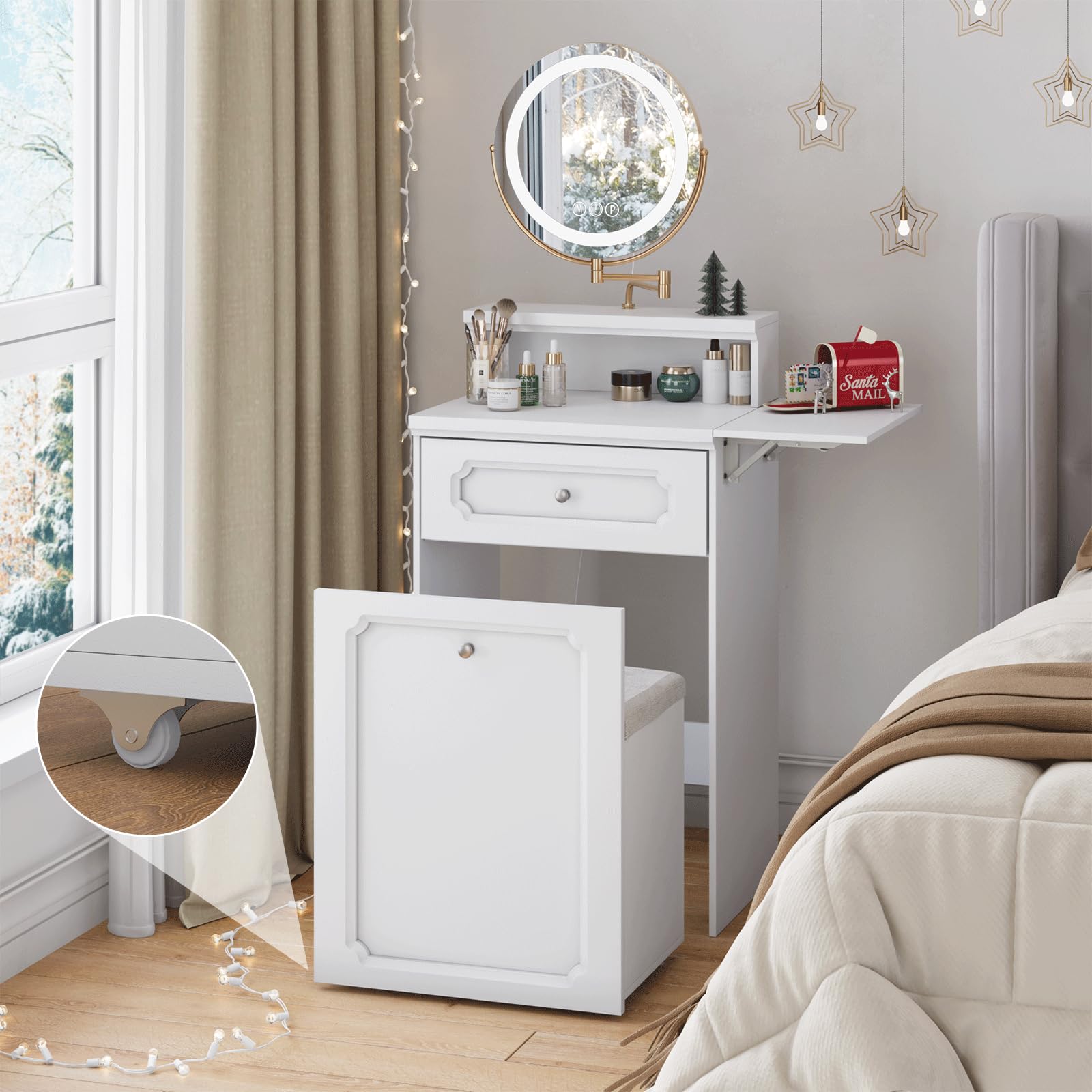 Amazon.com: White Small Vanity Desk with 360° Rotated Mirror and ...