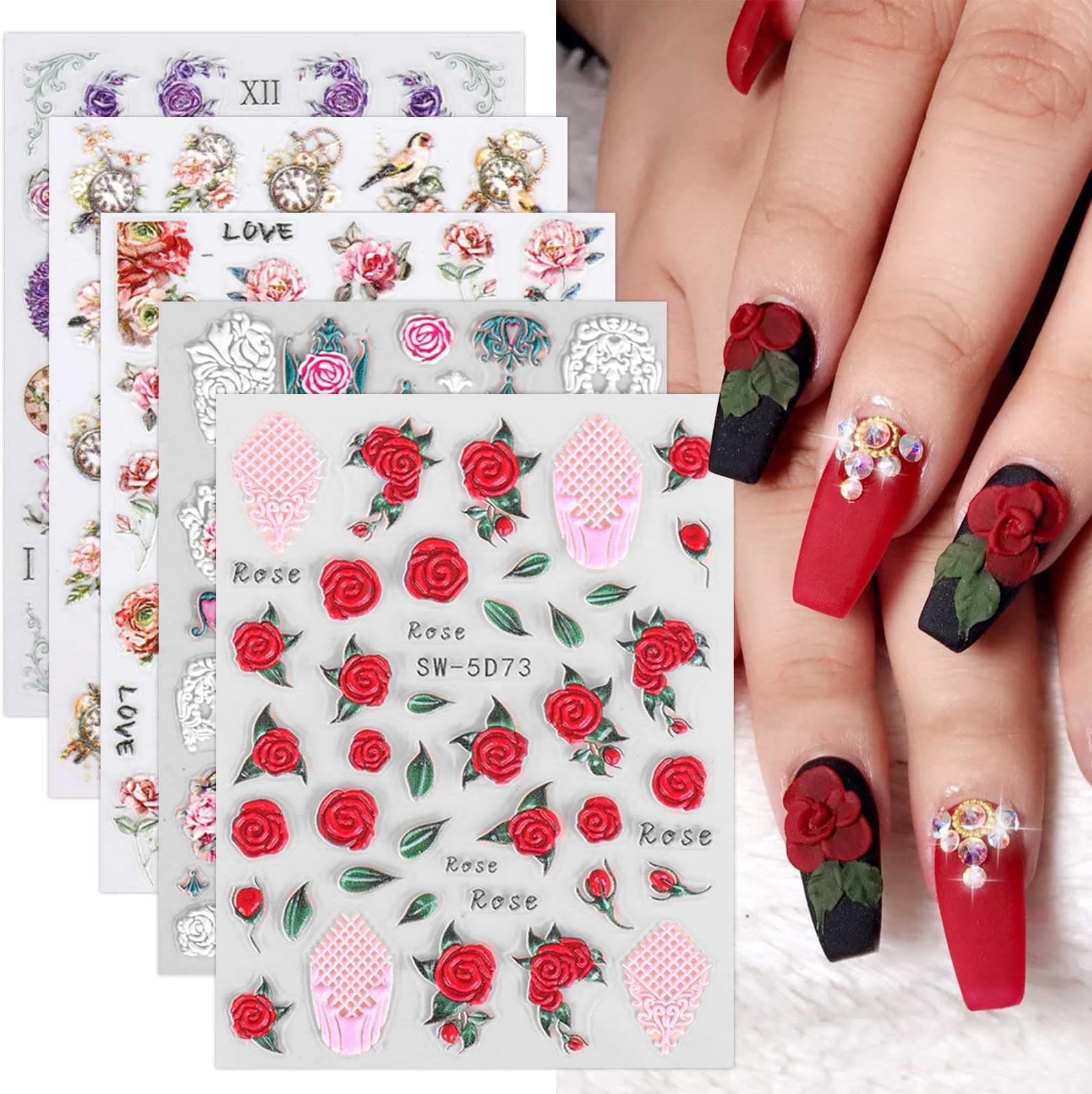Amazon.com: YOSOMK 5D Flower Nail Sticker for Nail Art 3D Embossed ...