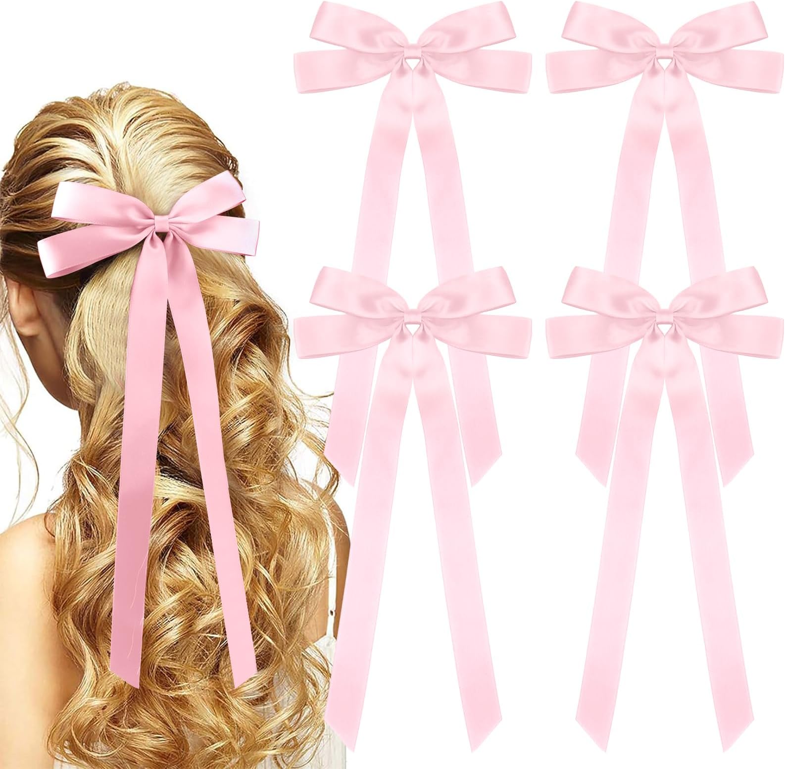 Amazon.com : vivinin 4pcs Solid Silky Satin Hair Bows for Women, Hair ...