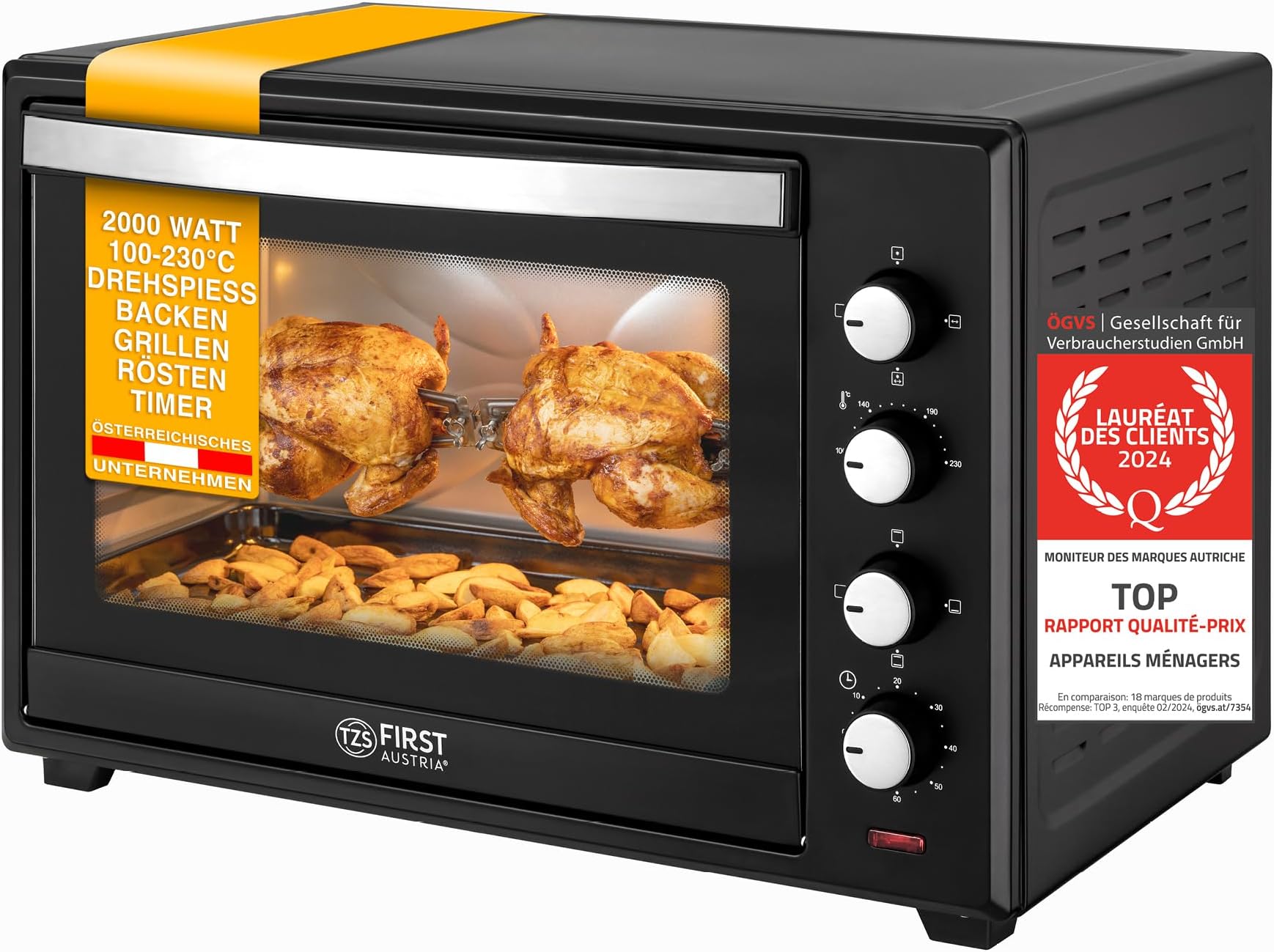 TZS First Austria Mini-four 60 l I 2000 W I Convection + Rôtisserie I 4 ...