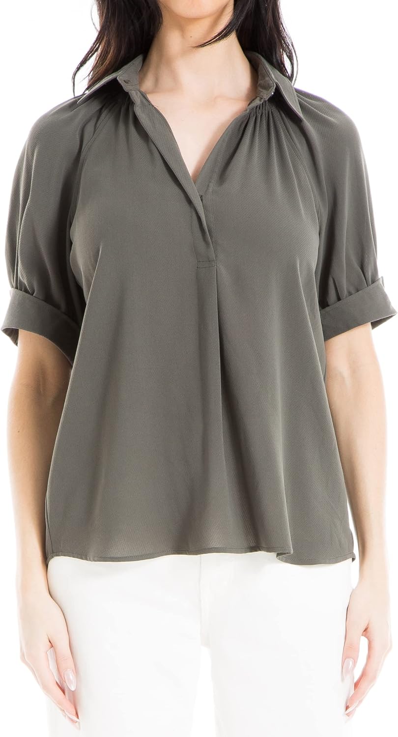 Max Studio Women's Texture Woven Collared Blouse, Army, Large at Amazon ...