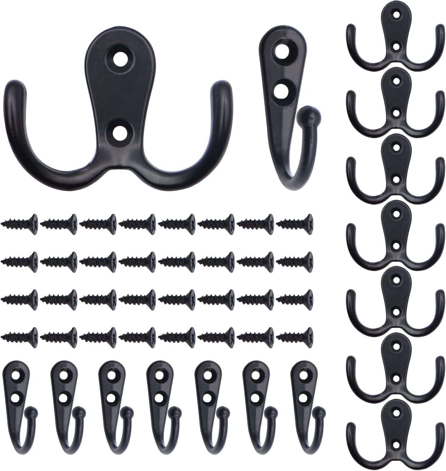 VEGCOO 16 Pcs Coat Hooks, 8 Pcs Double Prong Robe Hooks & 8 Pcs Single ...