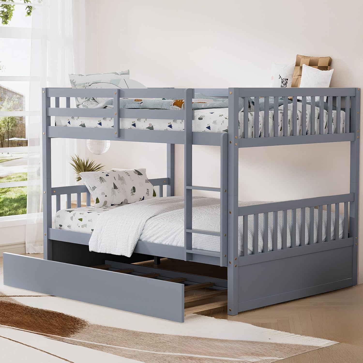 Amazon.com: Rophefx Full Over Full Bunk Bed with Trundle, Wood ...