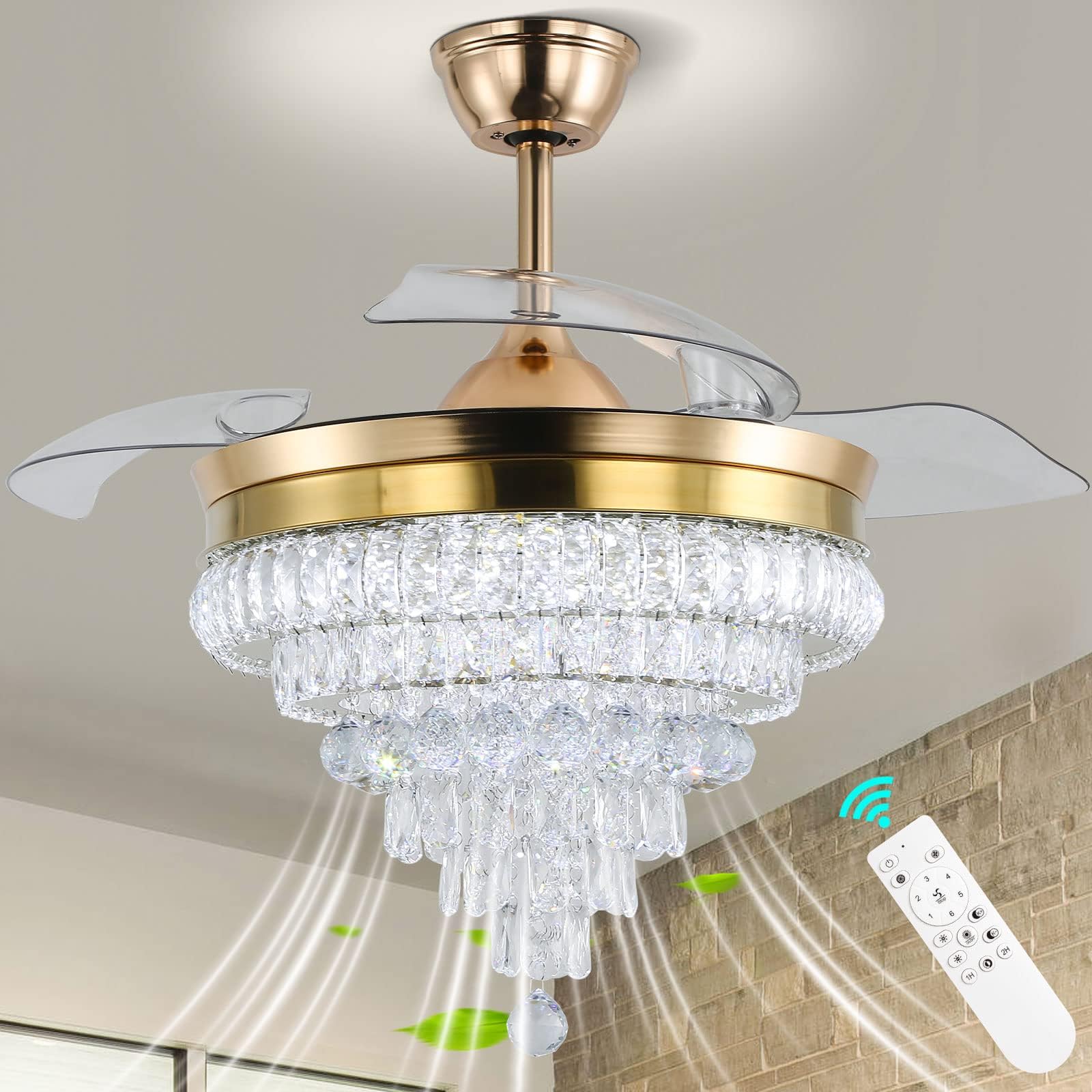 CLAIRDAI Modern Crystal Chandelier Ceiling Fan with Lights Dimmable ...