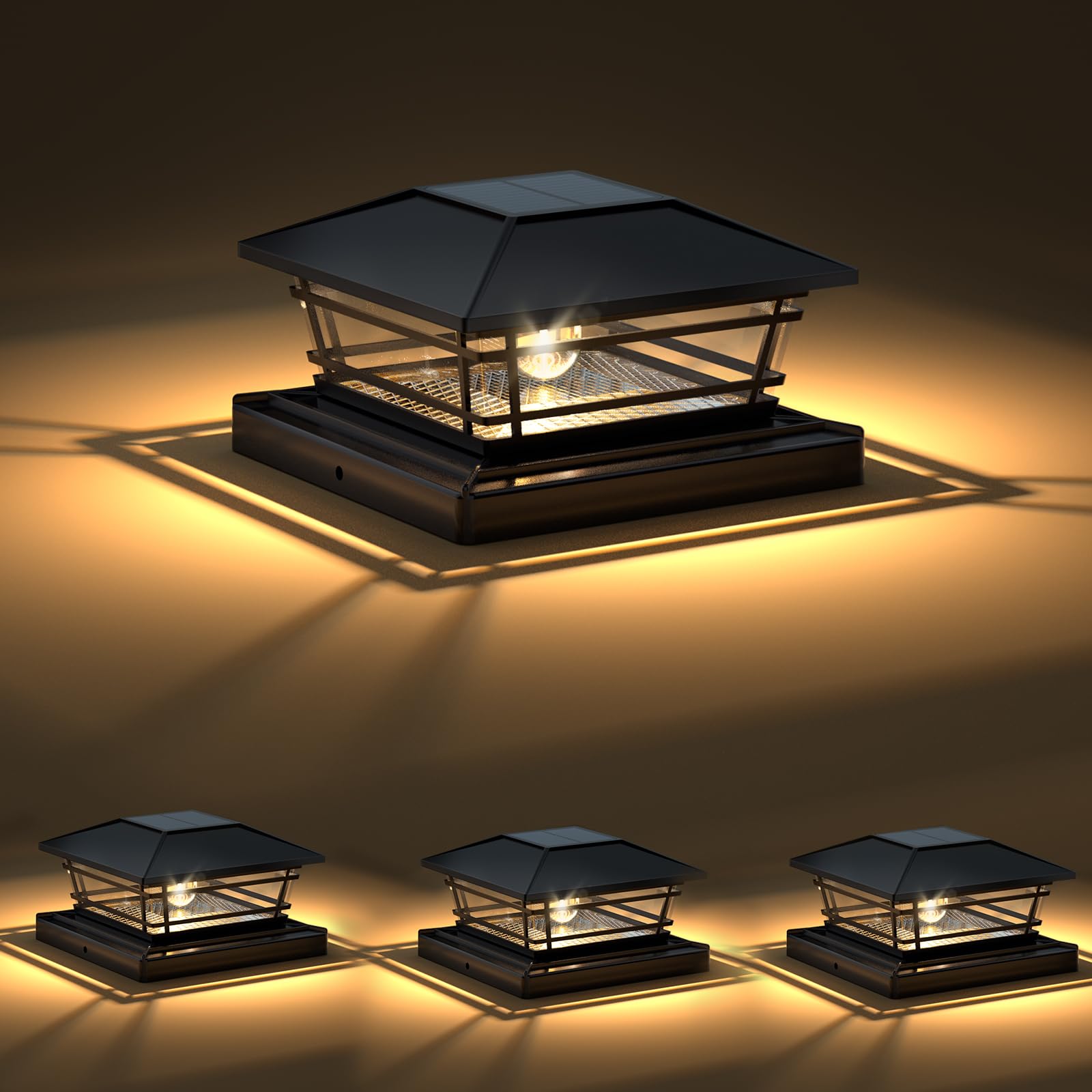 Kipeini Solar Post Cap Lights Outdoor 4Pack [LED Bulb, 2 Brightness ...