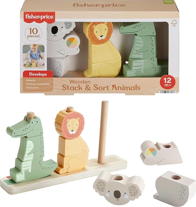 Amazon.com: Fisher-Price Wood Baby Toy Stack & Sort Animals, 10 Wooden ...
