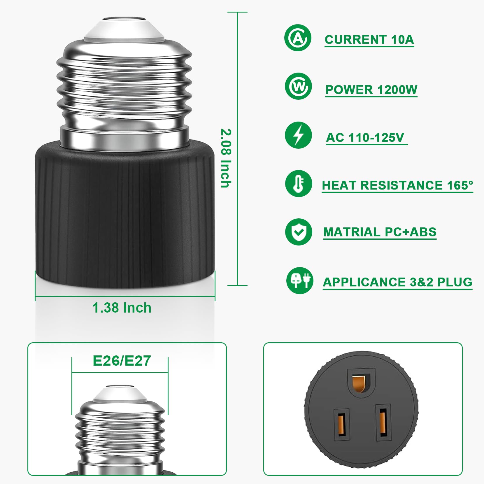 Snapklik.com : 2 Packs E26/E27 3 Prong Light Bulb Socket Outlet Black, Light Socket Outlet Plug ...